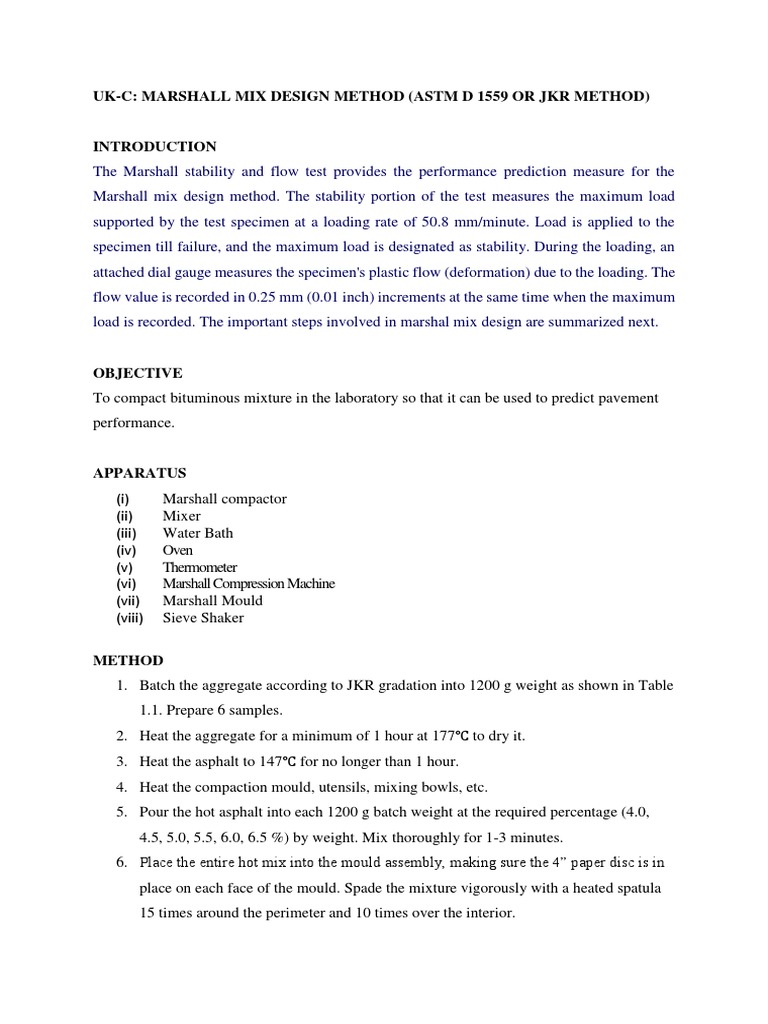 Uk-C: Marshall Mix Design Method (Astm D 1559 or JKR Method) | PDF ...