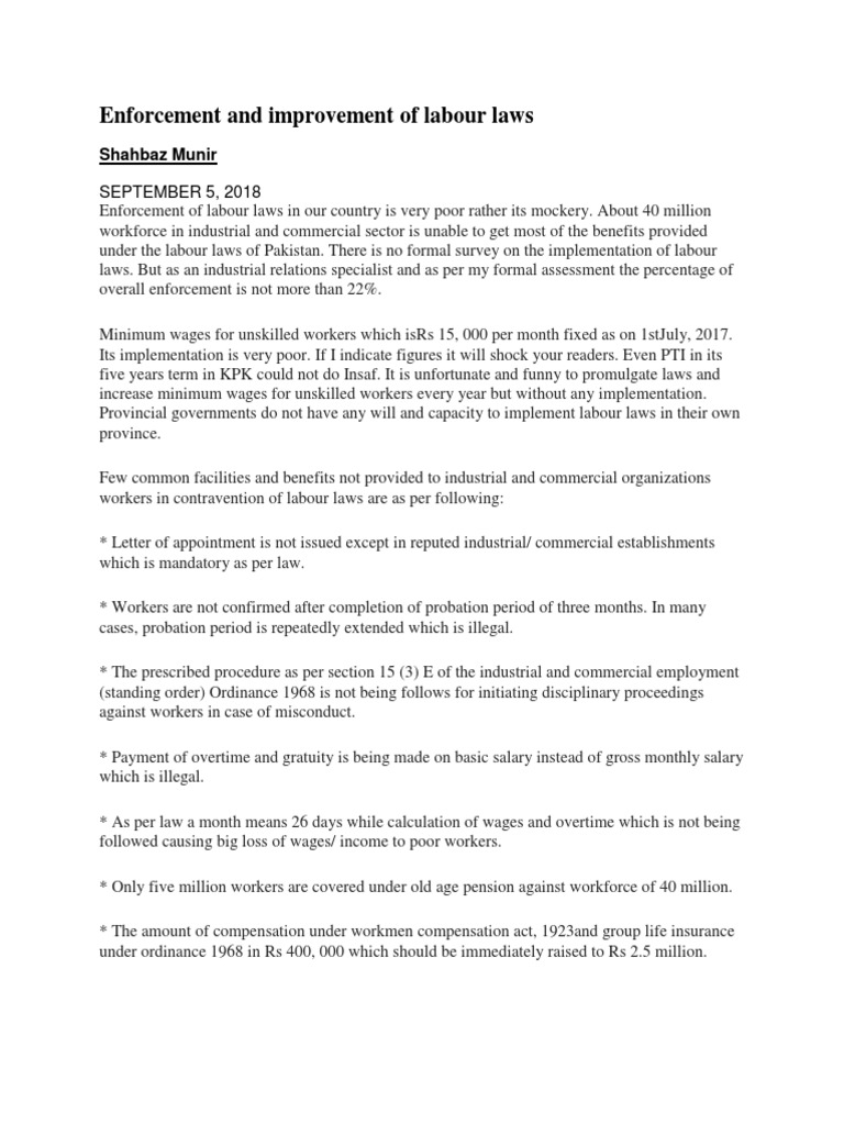 Enforcement and Improvement of Labour Laws | PDF | Employment | Workforce
