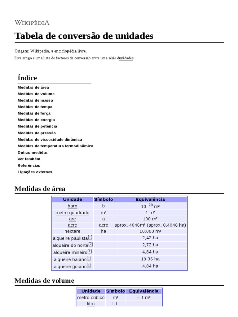 Tabela de Conversões de Unidades Vide Wikipédia | PDF | Fahrenheit ...