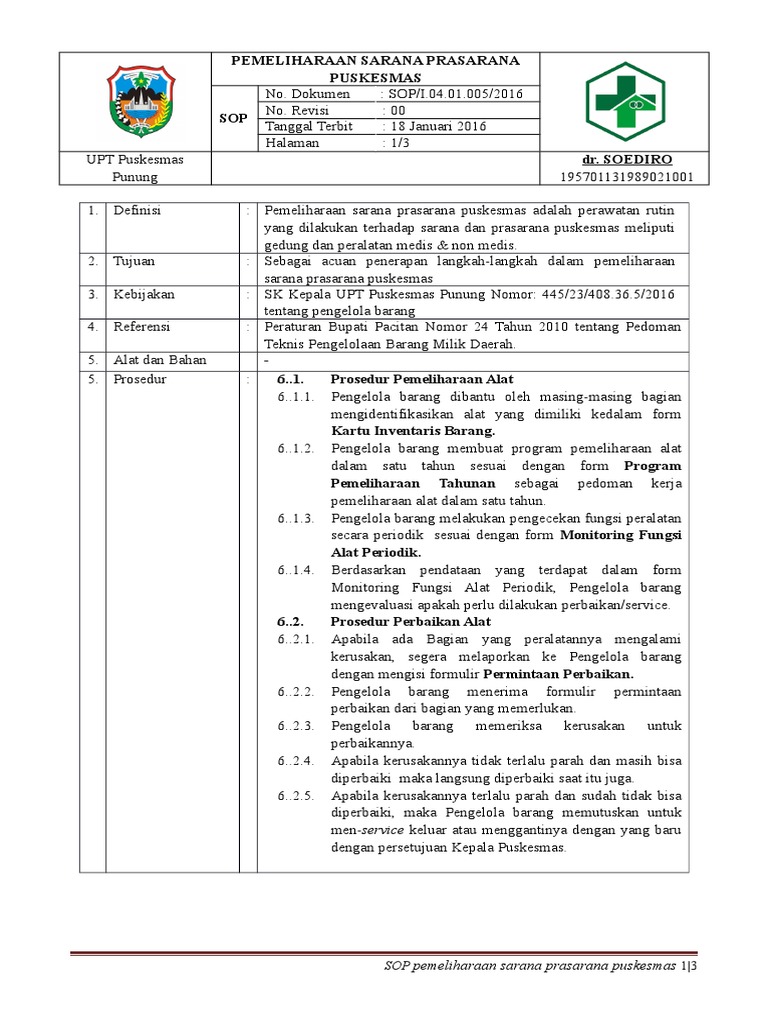 04 - Sop Pemeliharaan Sarana Prasarana Puskesmas Upt Puskesmas Punung | PDF