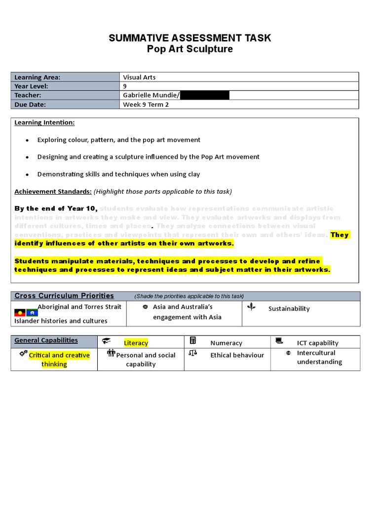 Year 9 Task Sheet Pop Art Sculpture | PDF | Works Of Art | Evaluation
