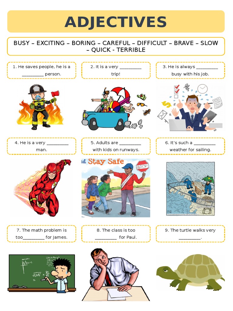 Adjectives: Busy - Exciting - Boring - Careful - Difficult - Brave ...