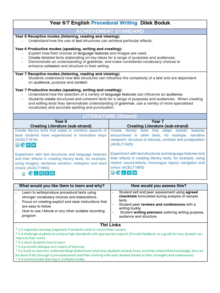 Procedural Text Unit Plan Overview | PDF | Learning | Linguistics
