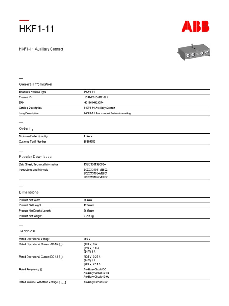 1SAM201901R1001 Hkf1 11 Auxiliary Contact | PDF | Relay | Switch