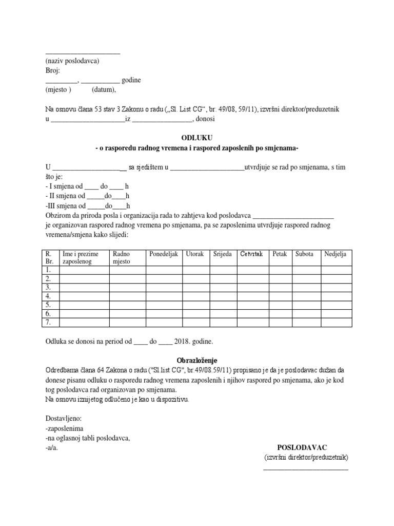 Odluka o Radnom Vremenu | PDF
