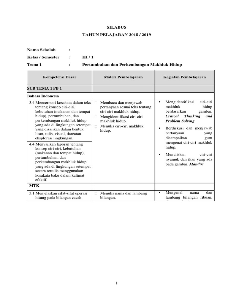 Silabus Kelas 3 K13 Revisi 2018 | PDF