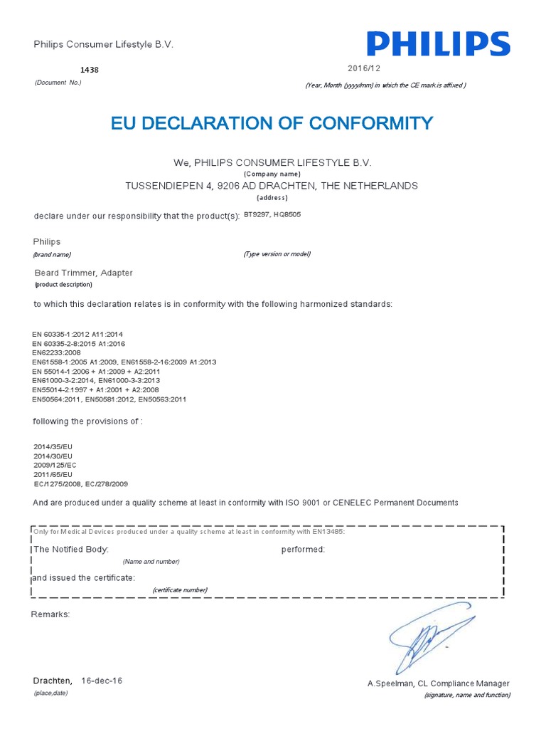 Philips Bt9297 Declaration of Conformity | PDF | Iso 9000 | Medical Device