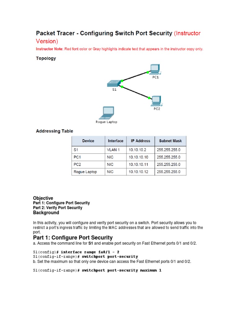 Configuring And Verifying Port Security On A Switch To Restrict Unauthorized Device Access Pdf