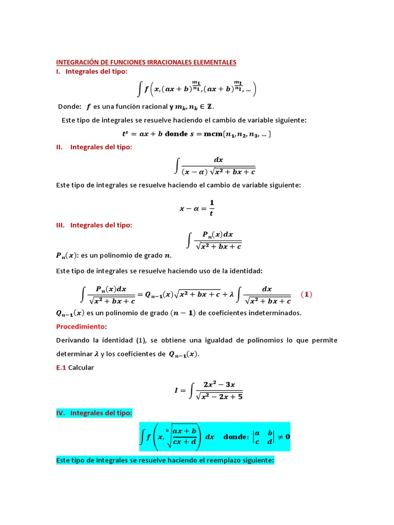 Integración de Funciones Irracionales Elementales | PDF | Integral ...