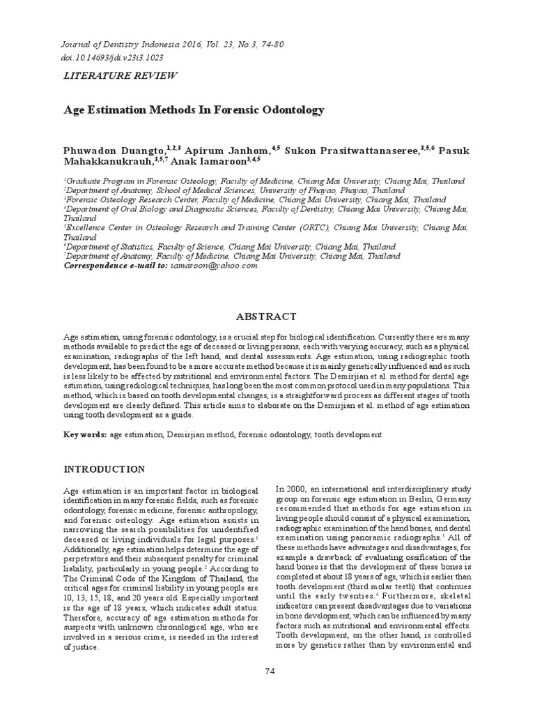 Age Estimation Methods In Forensic Odontology Literature Review Pdf Tooth Dentistry