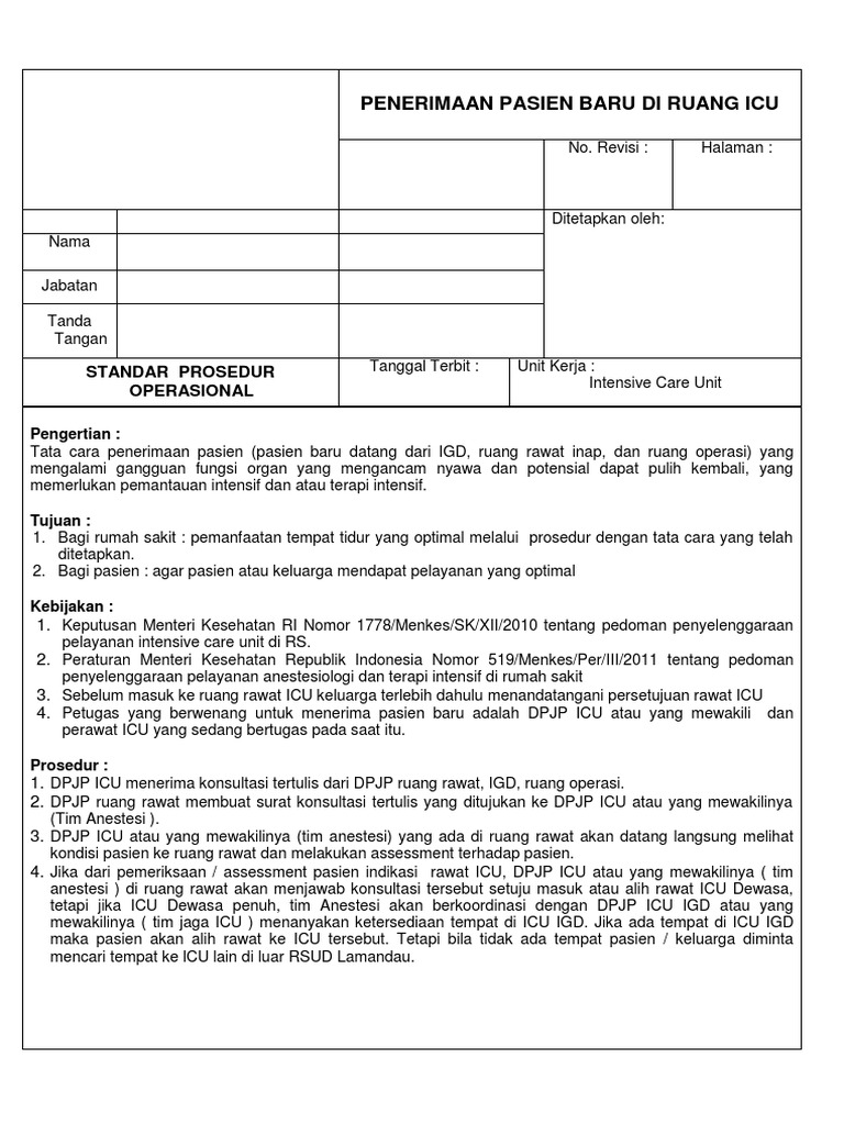 SPO Penerimaan Pasien Baru Di ICU | PDF
