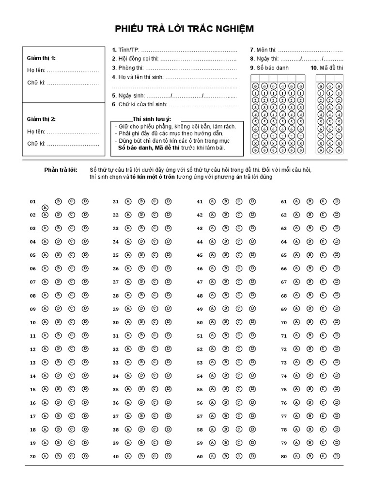 Phieu Tra Loi Trac Nghiem 80 Cau | PDF