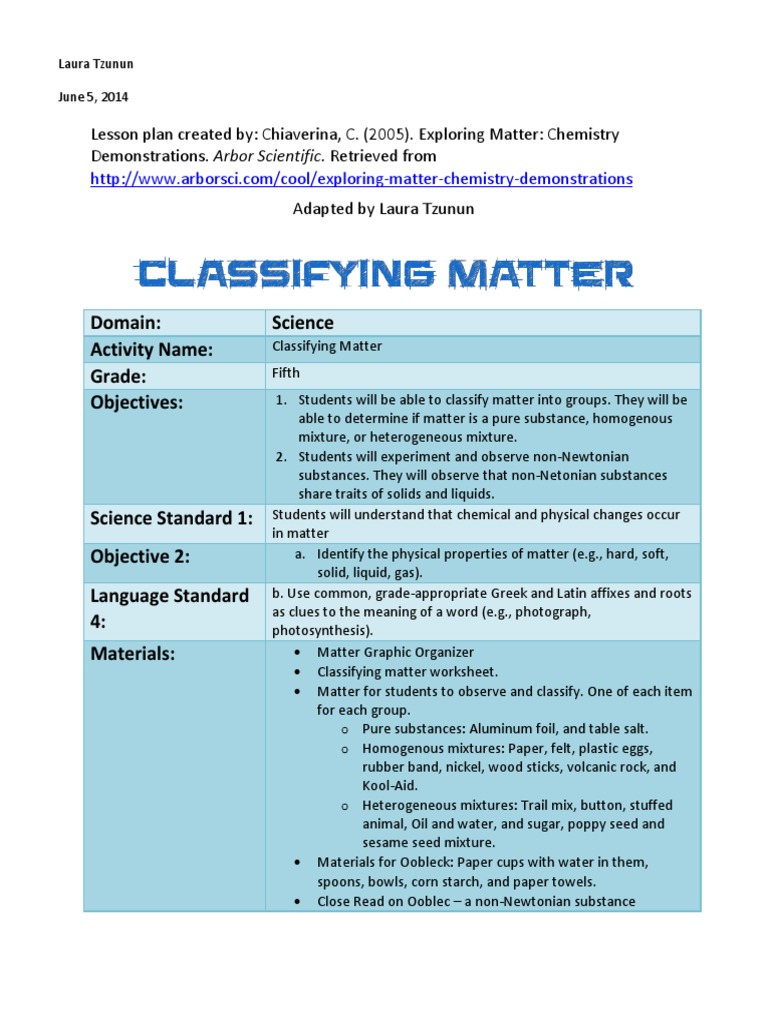 Classifying Matter Lesson Plan | Download Free PDF | Mixture ...