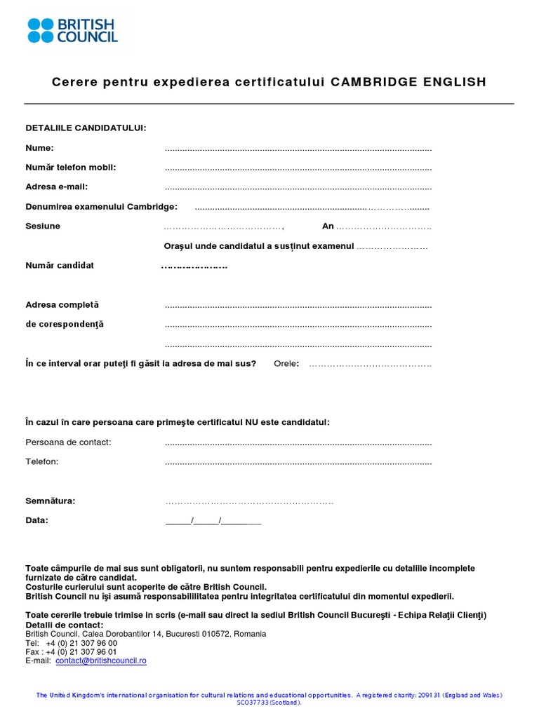 Cerere Expediere Certificat Examene Cambridge English | PDF