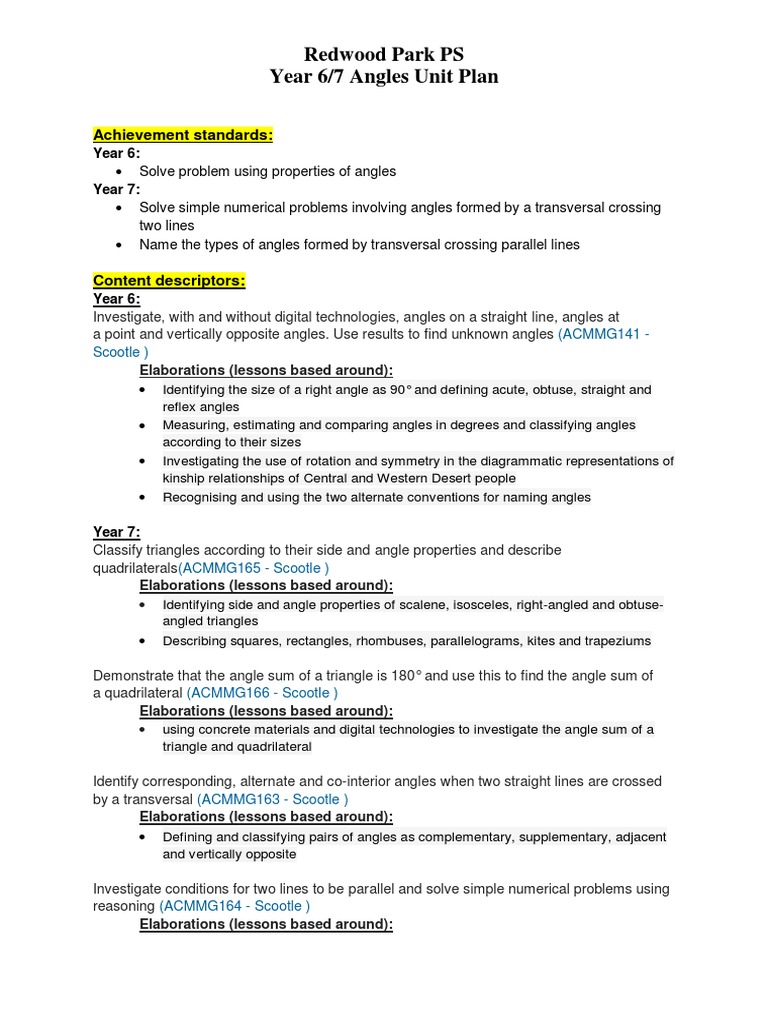 Year 6 7 Angles Unit Plan Pdf Triangle Angle