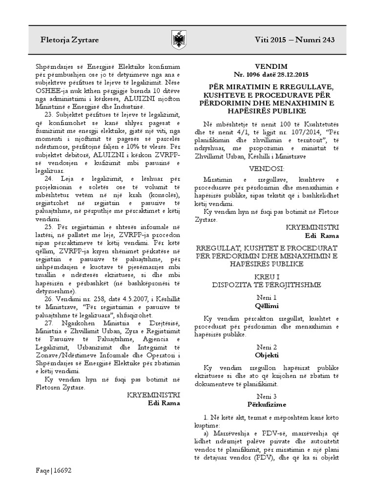 VKM Nr.1096 Date 28.12.2015 Per Miratimin e Rregullave, Kushteve Dhe Procedurave Per Perdorimin ...