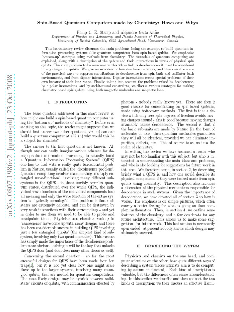 Spin-Based Quantum Computers Made by Chemistry: Hows and Whys | PDF | Quantum Mechanics ...