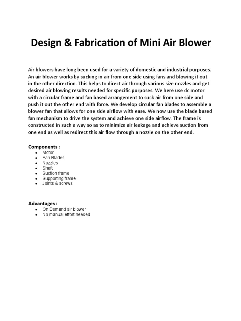 Design & Fabrication of Mini Air Blower: Components | PDF | Home ...