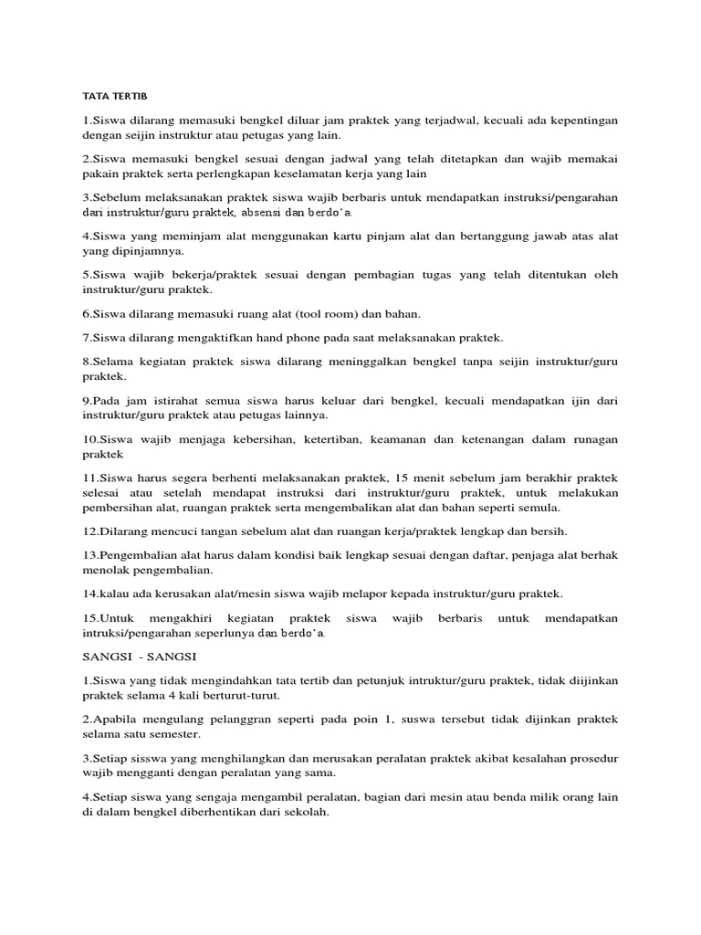 TATA TERTIB Bengkel TSM MM | PDF