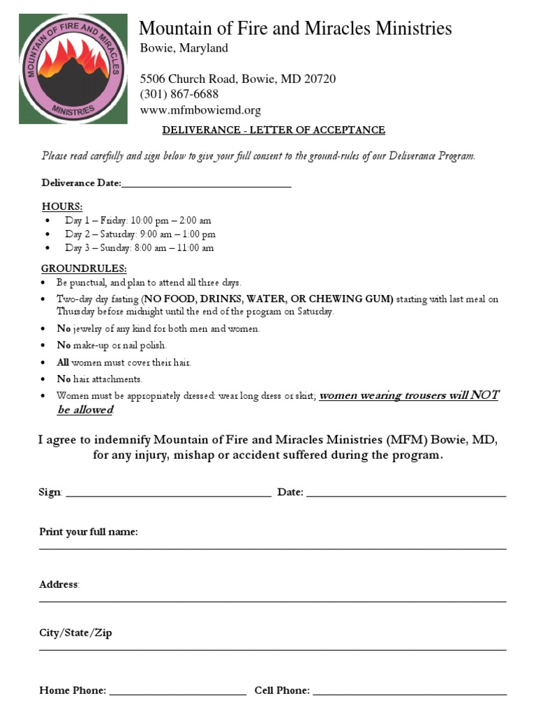 MFM Bowie Deliverance Form | PDF | Clothing