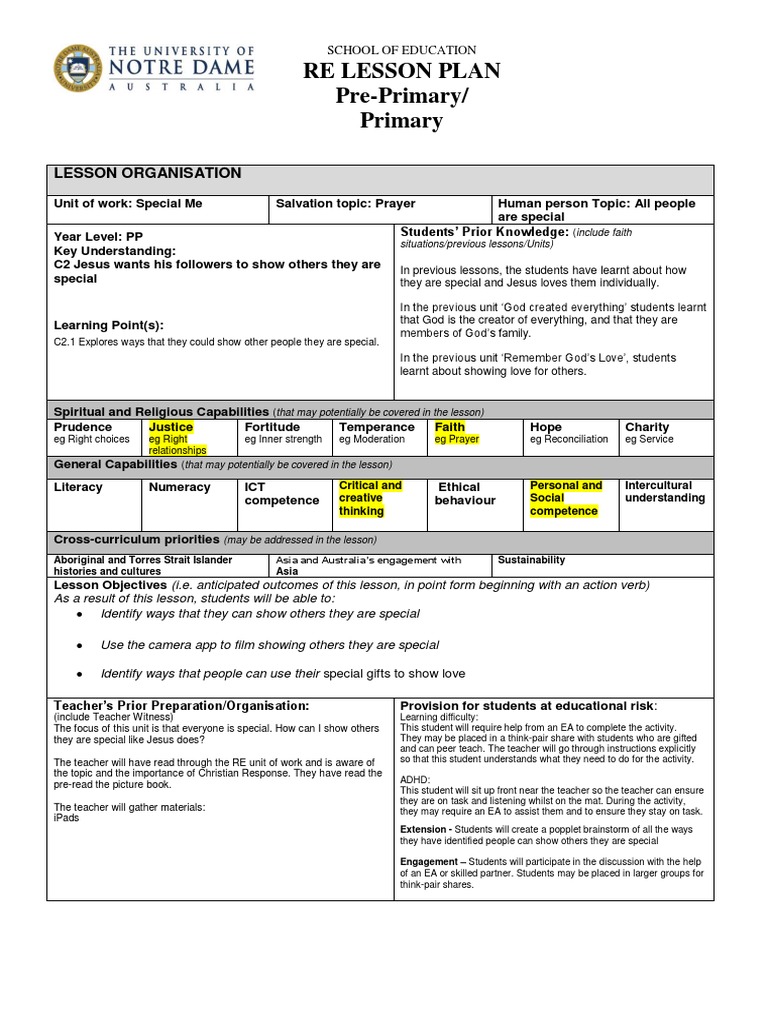Re Lesson Plan Pre-Primary/ Primary | PDF | Teachers | Prayer