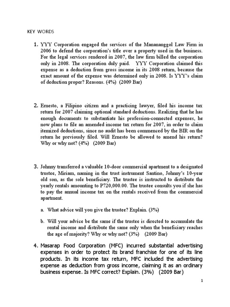 KEY WORDS Income Taxation - BAR Q and A | PDF | Tax Deduction | Taxes