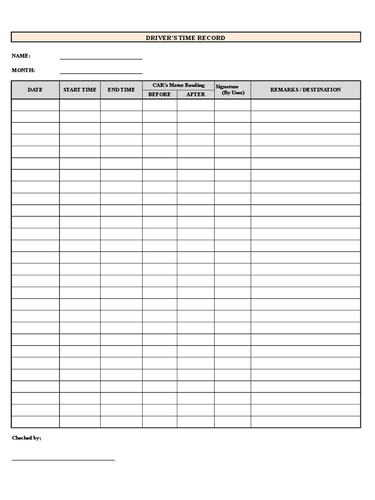 Driver'S Time Record: Name: Month: CAR's Meter Reading Remarks ...