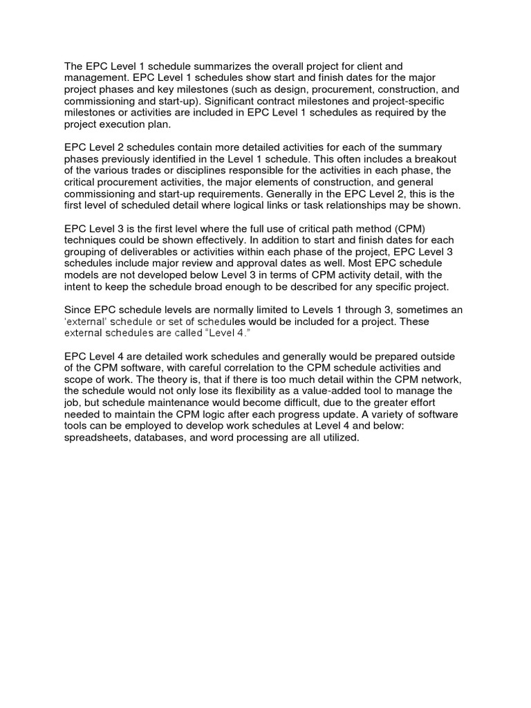 EPC Schedule Levels Explanation | PDF