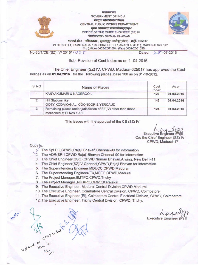 Costindexfor Kanyakumari Nagercoil SZIV CPWD Circular 22694 PDF | PDF