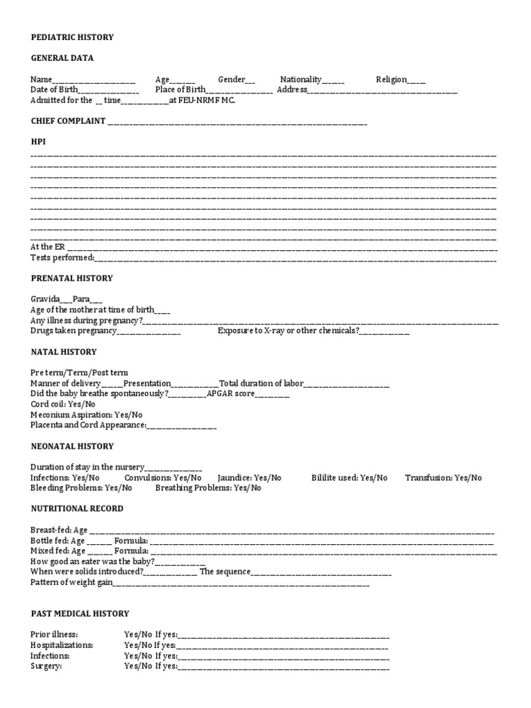 Pediatric History Template | Diseases And Disorders | Health Sciences