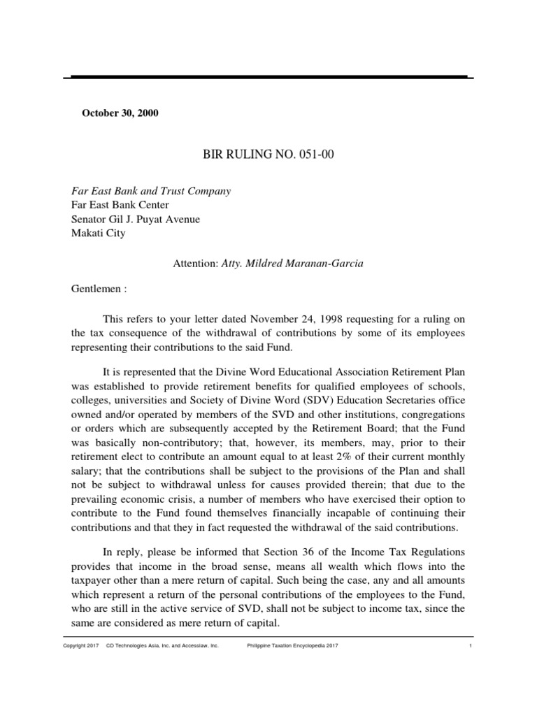 BIR Ruling No. 051 2000 PDF | PDF | Trust Law | Taxation In The United ...