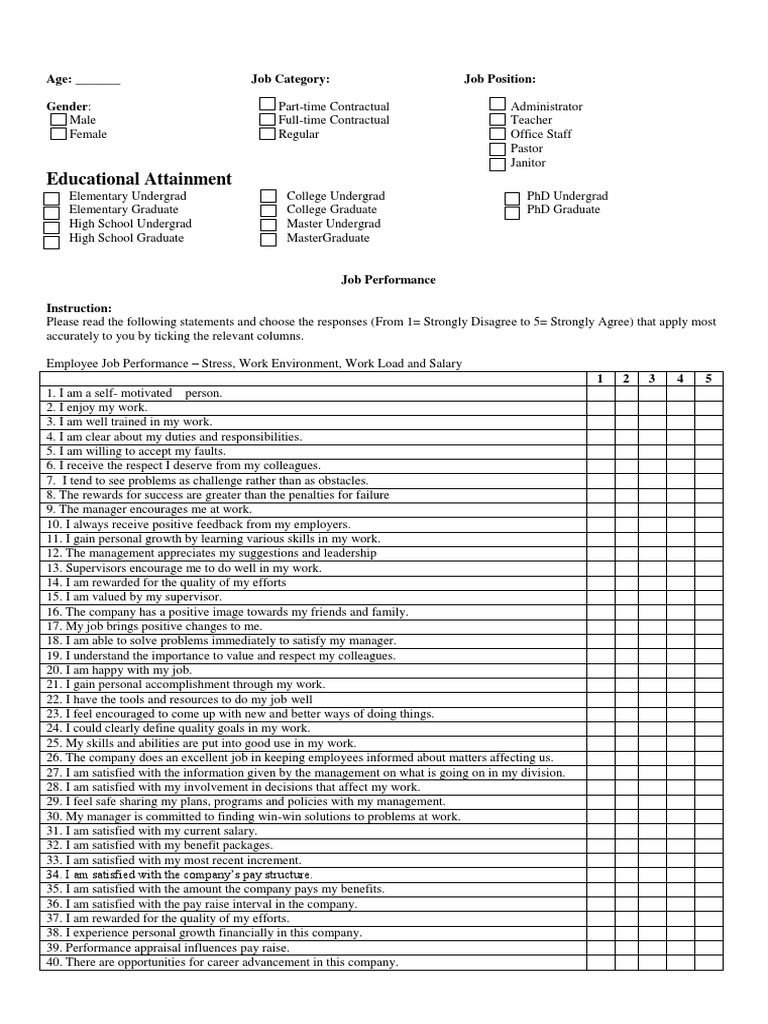 Job Perfromance Questionnaire | PDF | Employment | Teachers