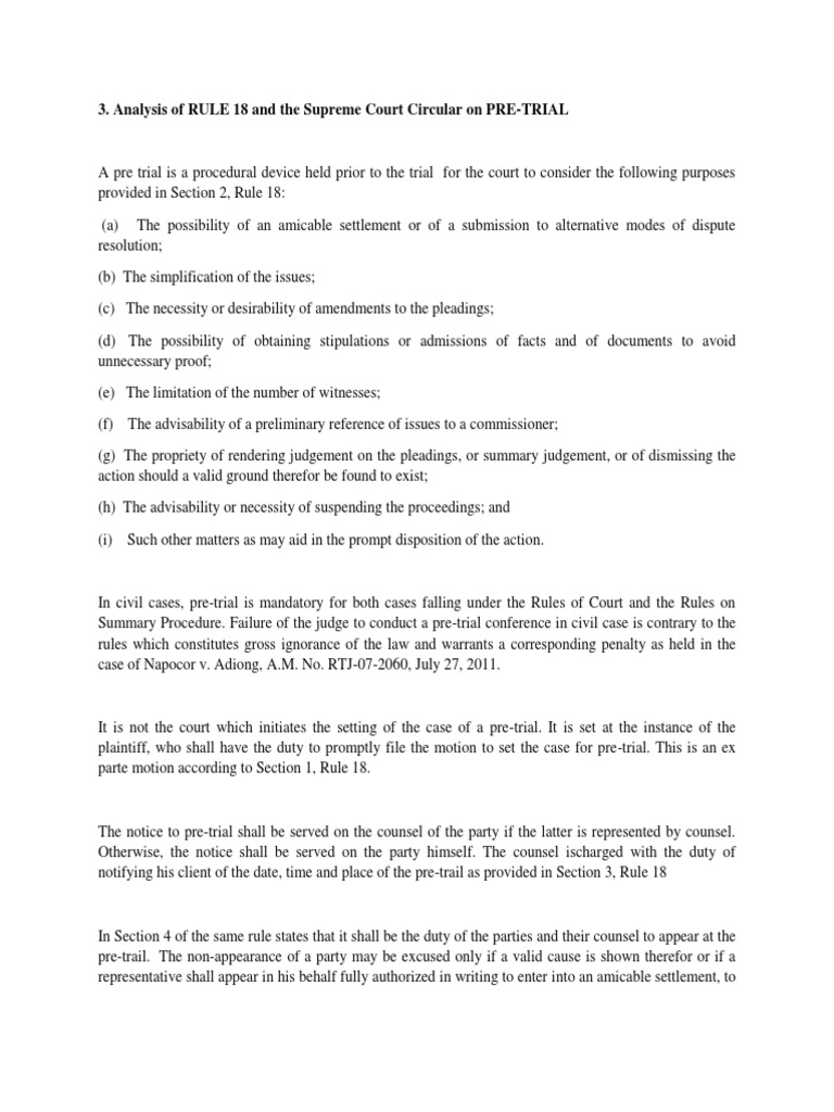 Analysis of RULE 18 and The Supreme Court Circular On PRE-TRIAL | PDF ...