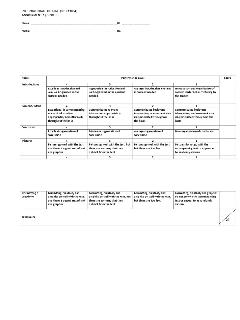 Rubric (Group Assignment 1) INTERNATIONAL CUISINE | PDF | Cognition ...
