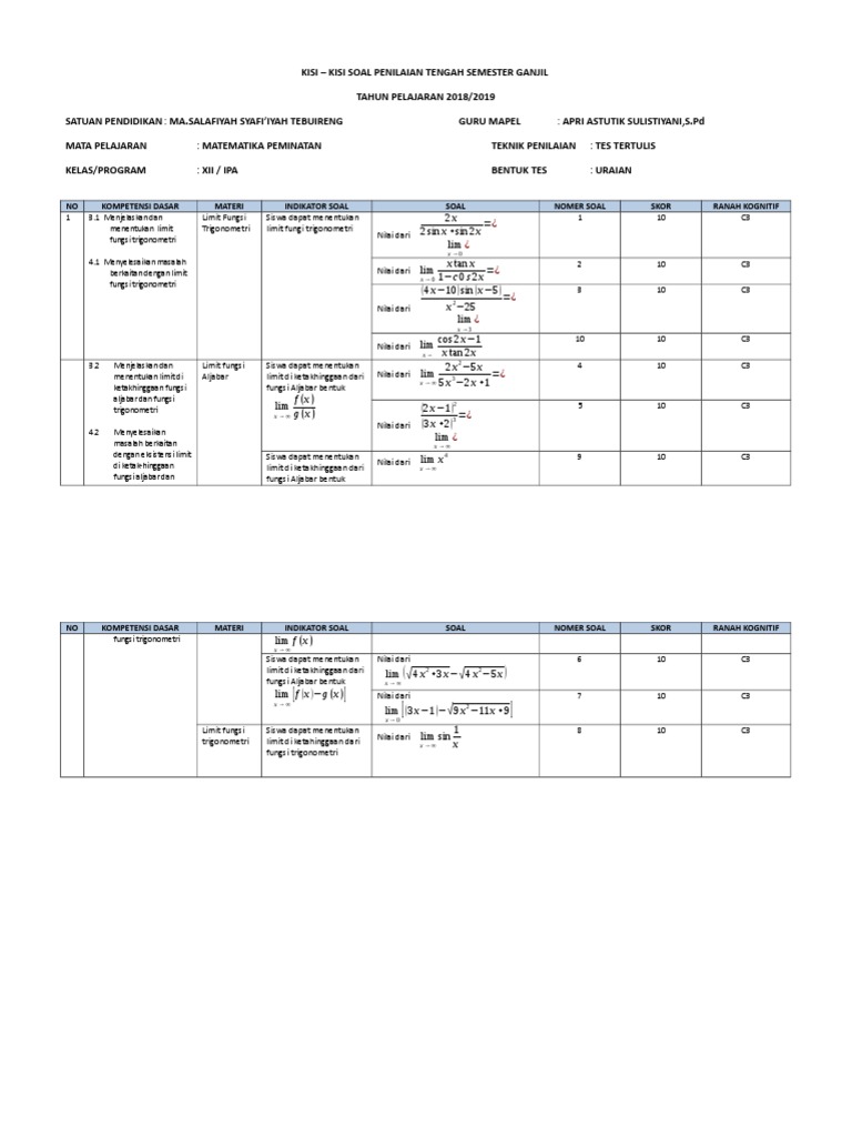 KISI2 +SOAL XII IPA PTS - MTK Peminatan | PDF