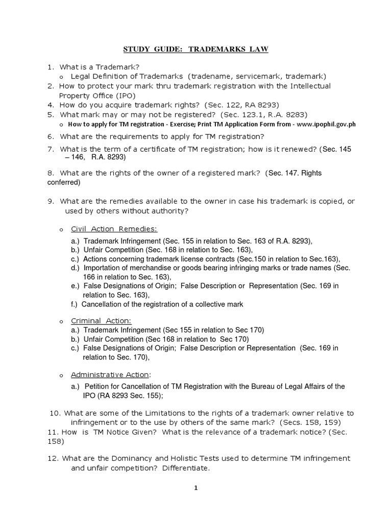 Study Guide: Trademarks Law | PDF | Trademark | Justice