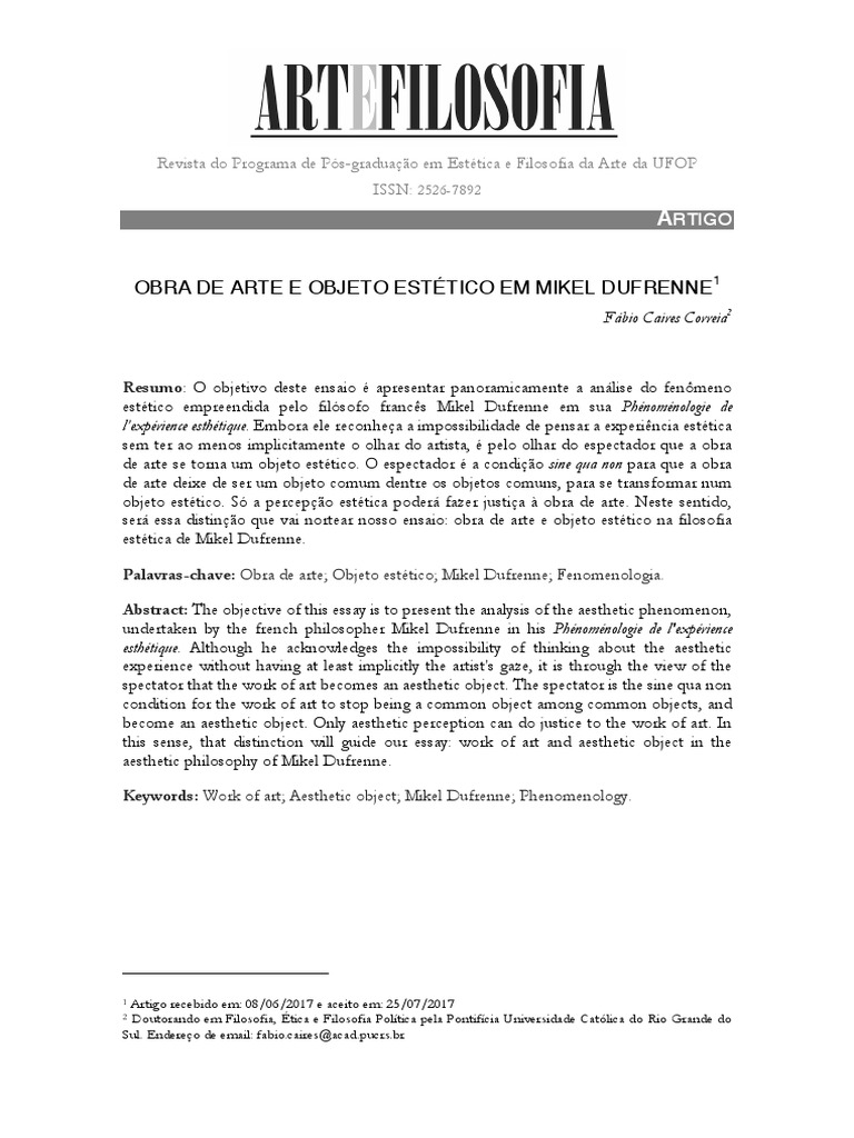 Obra de Arte e Objeto Estético em Mikel Dufrenne | PDF | Jean Paul ...