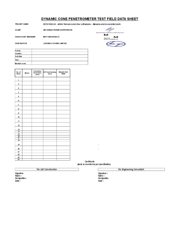 DCP Test Field Data Sheet | PDF | Engineering | Manufacturing And ...