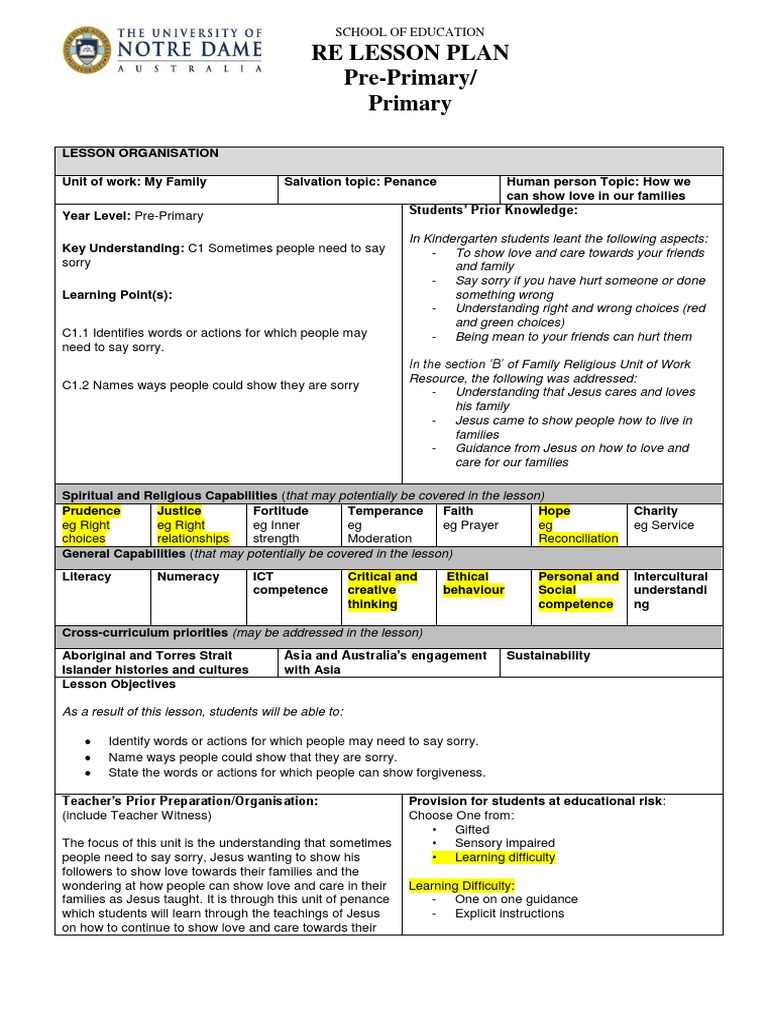 Re Lesson Plan Pre-Primary/ Primary | PDF | Learning Disability | Learning