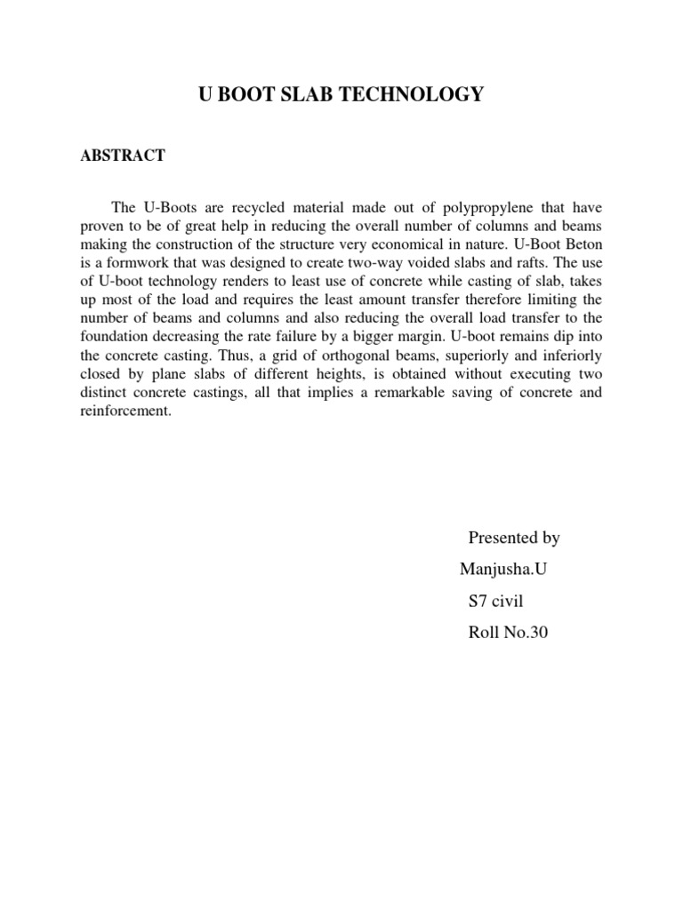 U Boot Slab Technology: Presented by Manjusha.U S7 Civil Roll No.30 | PDF