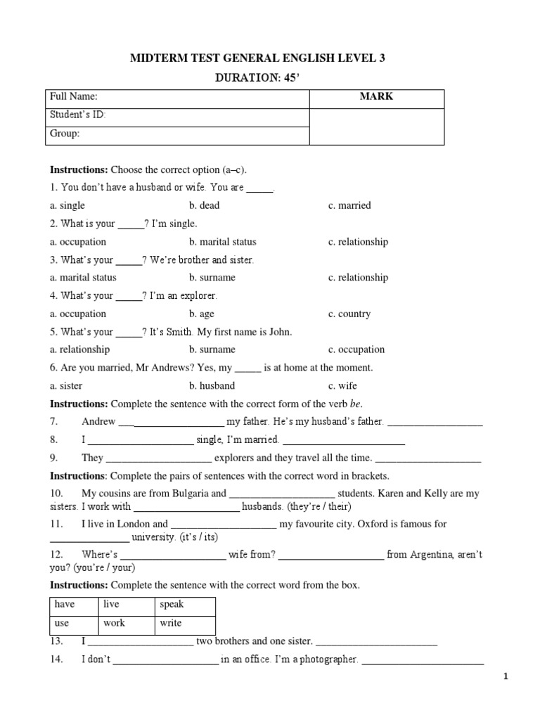 Sample Mid-Term Test-Basic English | PDF | Linguistics