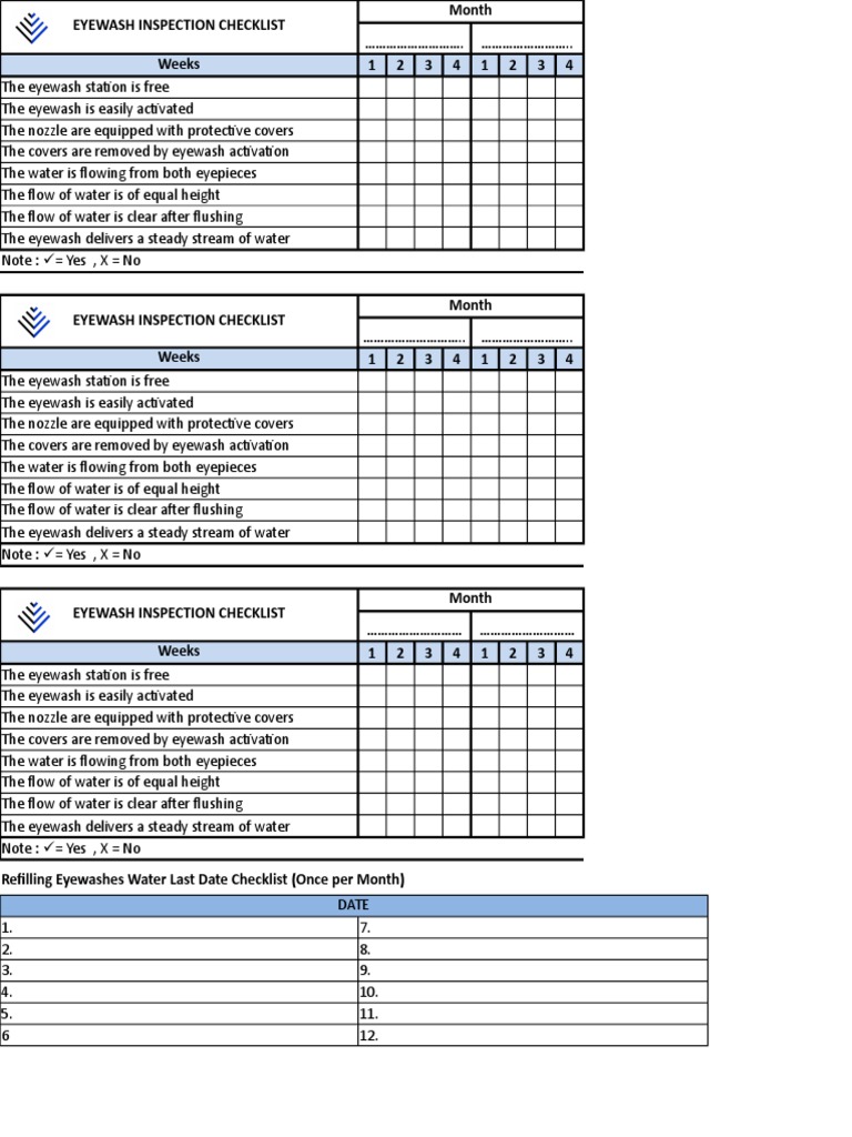 Monthly Eyewash Inspection Checklist and Refilling Record | PDF