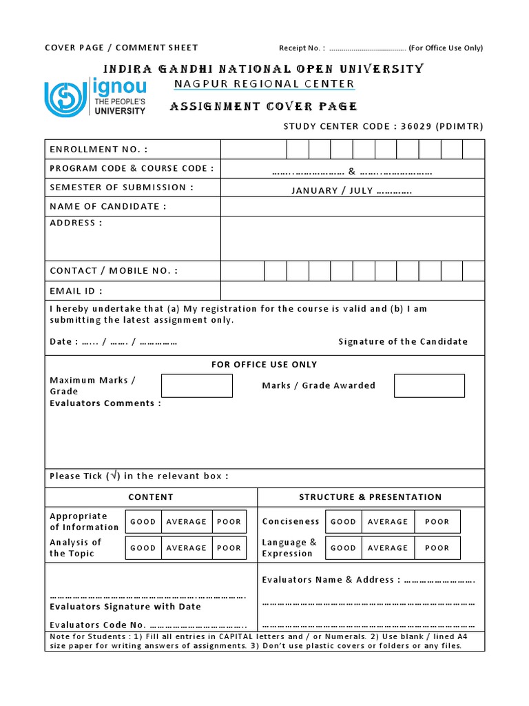 IGNOU Assignment Front Cover Page | PDF | Computers