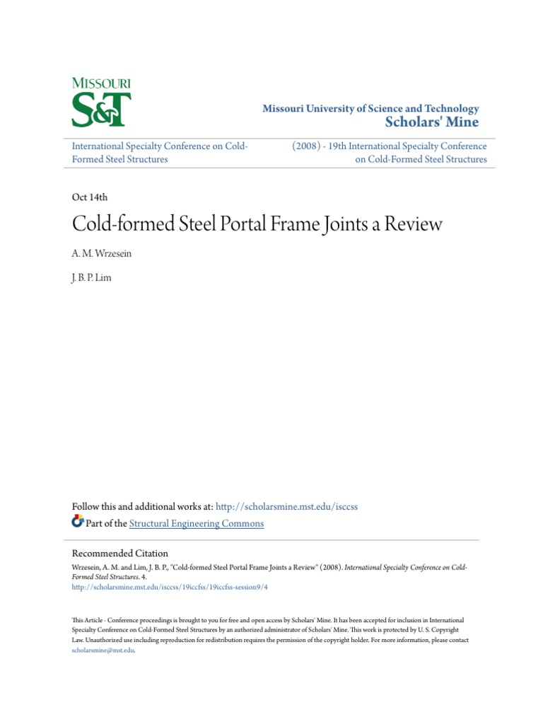 Cold-Formed Steel Portal Frame Joints A Review | PDF | Screw | Rolling ...