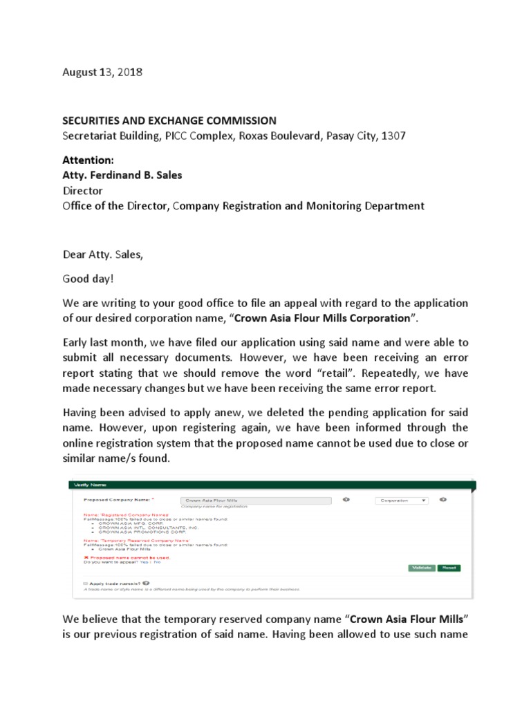 SEC Name Verification Appeal - Crown Asia Flour Mills Corporation PDF | PDF