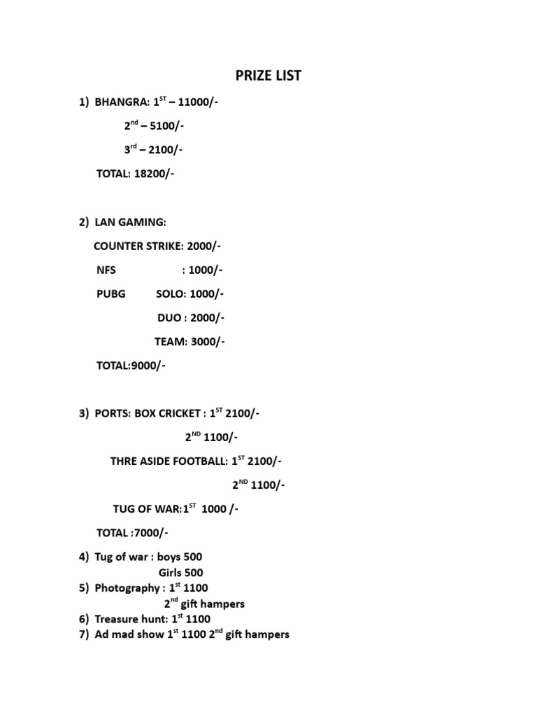 Prize List: ST ND RD | Download Free PDF | Leisure | Sports
