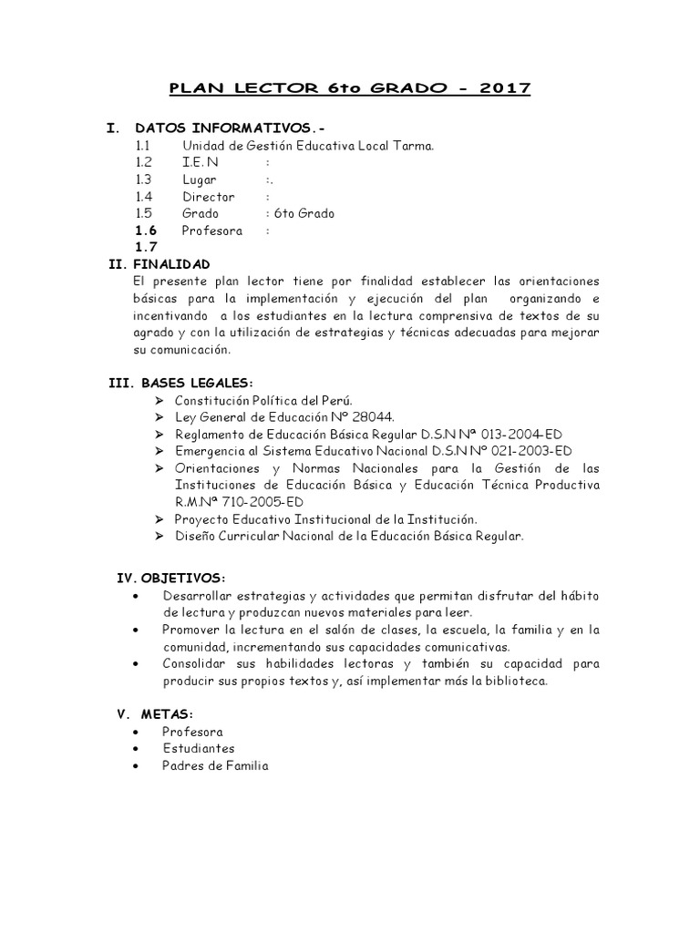PLAN LECTOR 6to GRADO 2018 | PDF | Lectura (proceso) | Educación primaria