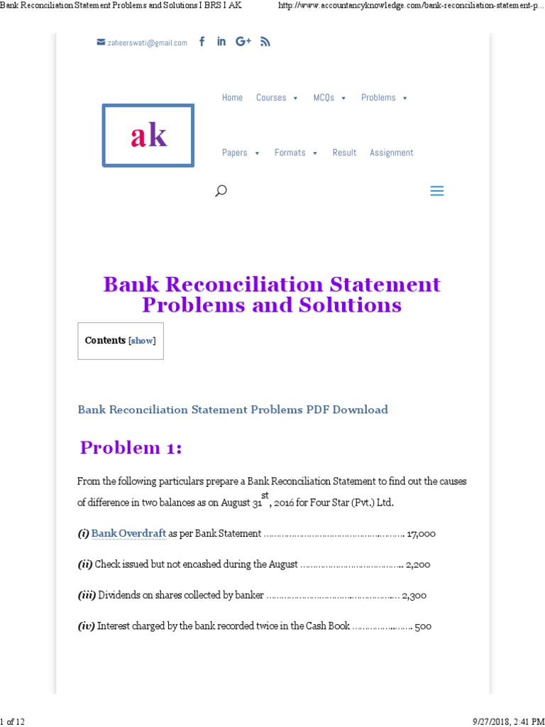 Bank Reconciliation Statement Problems and Solutions I BRS I AK PDF ...