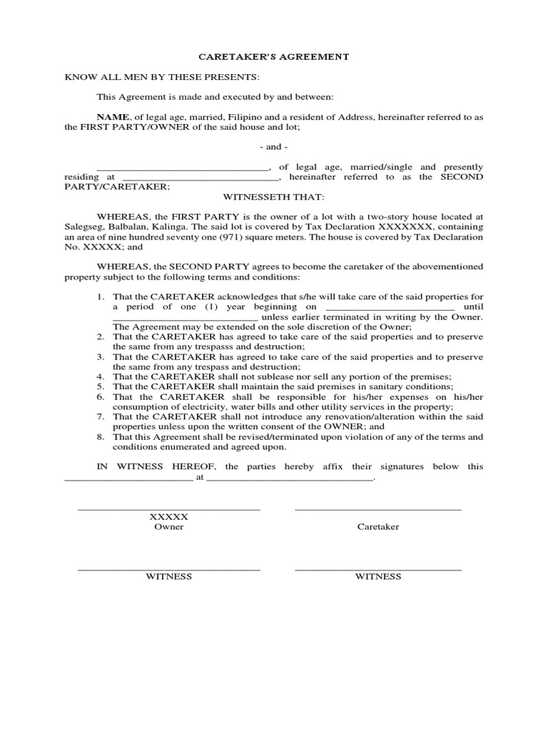 Caretaker's Agreement | PDF | Notary Public | Civil Law (Common Law)
