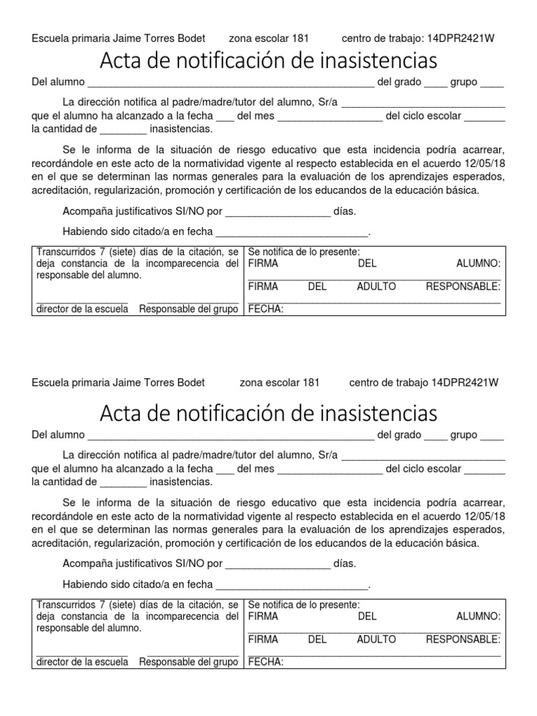 Acta de Notificación de Inasistencias | PDF | Educación primaria ...
